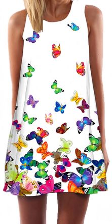 Ocean Plus Damen &Auml;rmelloses Minikleid Digitaldruck Strandkleid Sommerkleid Tank Tops Rundhals Kurz A-Line Hemdkleid Blusekleid (XXL (EU 42-44), Bunte Schmetterli