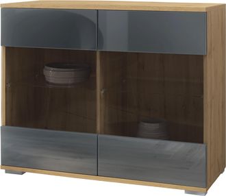 Vladon Kommode Bari V3, Moderner Küchenschrank mit 2 großen Glastüren Eiche Evoke/Grau Hochglanz (92,5 x 75.5 x 35)