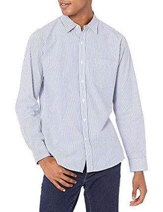 Amazon Essentials Chemise en Popeline à Manches Longues, Style Décontracté, Coupe Standard Homme, Bleu Blanc Rayures Verticales, XXL