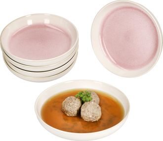 MamboCat 6er Set Reactive Glaze Paris Suppenteller I 400 ml I Creme & Pink I Steingut-Teller für 6 Personen I Tiefe Teller für Salat, Pasta, Müsli & Co
