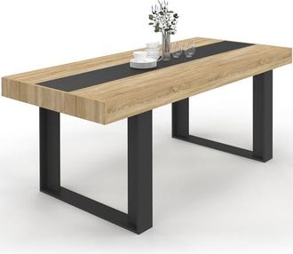 IDMarket Table &agrave; Manger Rectangle Phoenix 8 Personnes Bois et Noir Bande Centrale Noire 200 cm
