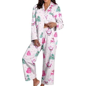 Generic Ensemble de pyjama de Noël pour femme - Joli pyjama de dessin animé - Joli Père Noël - Coupe droite - Vêtement de nuit boutonné à manches longues - Vê