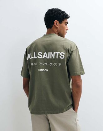 AllSaints Underground T-Shirt mit Grafiklogo, kurzen &Auml;rmeln und R&uuml;ckenprint in Dunkelgr&uuml;n