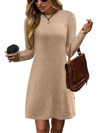 Zeagoo Pulloverkleid f&uuml;r Damen Langarm Strickkleid Winter Casual Knielang Kleid Elegant A Linie Tunika Herbstkleid Hellbraun XL