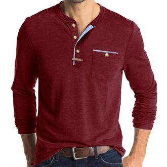Generic Henley 2026 Chemises &agrave; manches longues pour homme - D&eacute;contract&eacute; - Classique - En coton l&eacute;ger - Avec poche, Rouge, XXL
