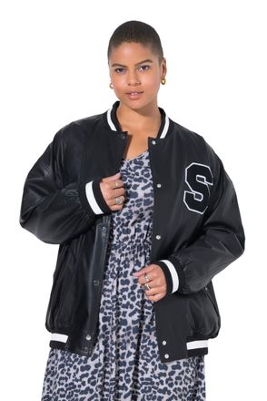 STUDIO UNTOLD Damen gro&szlig;e Gr&ouml;&szlig;en &Uuml;bergr&ouml;&szlig;en Plus Size Collegejacke, Lederoptik, Streifenb&uuml;ndchen schwarz 54+ 842793100-54+