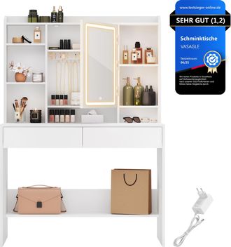 Vasagle Kailyn Kollektion - Schminktisch mit LED-Beleuchtung, 3 Farben mit Einstellbarer Helligkeit, Frisiertisch mit Spiegel, mit verstellbaren Ablagen, 2 Sc