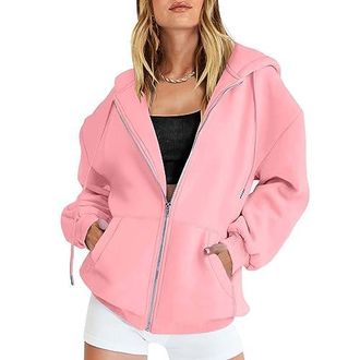 Generic Sweat &agrave; capuche pour femme - En coton - Fermeture &eacute;clair - Avec cordon de serrage - Doux - Manches longues - Fermeture &eacute;clair, rose, XXL
