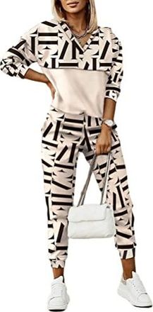Onsoyours Survêtement Femme Ensembles 2 Pièces Sportswear Casual Imprimé Rétro Classique de Sport pour Jogging Manches Longues Pullover Sweatshirt à Capuche et 