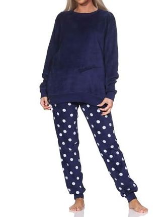 Normann Pyjama &agrave; manches longues pour femme, aspect pois, en polaire corail chaude et douillette, bleu marine, 42-44