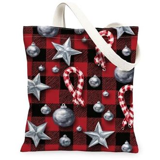 Generic Sacs fourre-tout en toile &agrave; carreaux, &eacute;l&eacute;gants motifs &eacute;toiles rouges, sacs de courses r&eacute;utilisables, l&eacute;gers, lavables et respectueux de lenvironnement