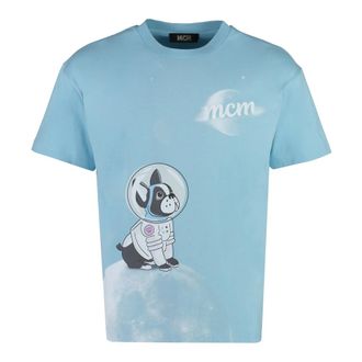 MCM Mcm, Homme, Tops, Bleu, Taille: S T-shirt en coton avec col côtelé