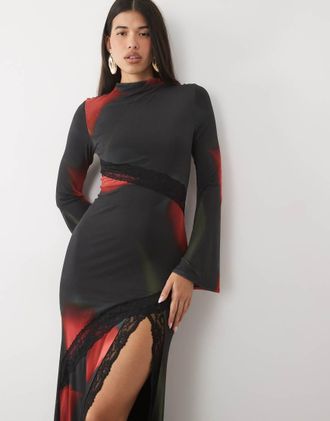 Asos robe longue en tulle &agrave; imprim&eacute; fleuri, avec bordure en dentelle et manches &eacute;vas&eacute;es, noire