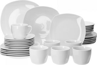 Van Well van Well Lilli Kaffeeservice für 12 Personen, 60-teiliges eckiges Porzellan Geschirr Set in Weiß mit geschwungenen Kanten für die perfekt gedeckte Kaf