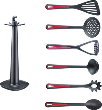 Westmark K&uuml;chenutensilien - Drehst&auml;nder Gallant mit Kartoffelstampfer, Gem&uuml;sel&ouml;ffel, Spaghettil&ouml;ffel, Suppenkelle, Schauml&ouml;ffel und Wender - Schwarz/Rot, Set 7