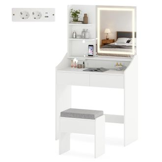 Giantex Schminktisch mit LED-Beleuchtung und USB-Steckdose, Frisiertisch Holz mit Hocker, offene Regale & 2 Schubladen, Vanity-Table für Salon, Schlafzimmer, 