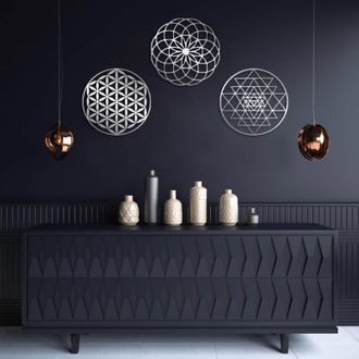 Generic Schwarzes Metall-Wandkunst-Set mit Heiliger Geometrie, Metatron-W&uuml;rfel aus Metall, Sri Yantra Yoga-Wanddekoration, Moderne Skulptur mit Heiliger Geome