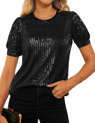 Grace Karin Damen Glitzer Tops Kurze Laternen&auml;rmel Rundhals Pailletten Pullover Bluse Party Tops Schwarz XXL