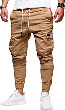 ORANDESIGNE Pantalons Mode pour Hommes Pantalons de Jogging Travailler &agrave; lext&eacute;rieur Pantalon Cargo Multi-Poches Couleur Unie avec Surv&ecirc;tement Fusel&eacute; A Kaki XS