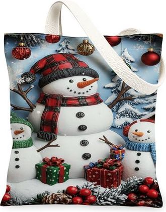 Generic Sacs fourre-tout en toile motif bonhomme de neige de No&euml;l, vacances dhiver, sacs d&eacute;picerie r&eacute;utilisables, vintage, festif, l&eacute;ger, lavable, blanc, 13x1