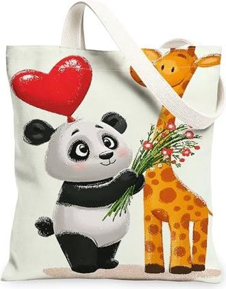 Generic Sacs fourre-tout en toile avec motif animaux mignons, panda ludique et girafe, sacs d&eacute;picerie r&eacute;utilisables, l&eacute;gers et lavables avec bandouli&egrave;re, blan