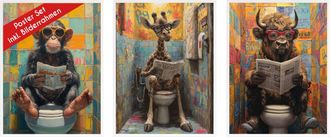 Wackadoo Poster Set WC Tiere 3er Set inklusive Bilderrahmen 30x40 cm Poster Bilderset mit rahmen picture frame Bilder Set Italienisches Holz