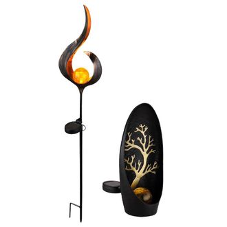 Globo Lighting Solarleuchte Dekolampe Au&szlig;enleuchte Solar Stecklampe Gartenlampe Solar, Metall Glas, 1x Flamme, 1x Baummuster, LED Leuchtmittel, 2er Set
