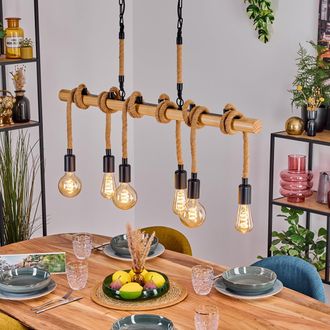 HOFSTEIN H&auml;ngeleuchte Vitlanda, 6-flammige H&auml;ngelampe aus Metall/Holz/Seil in Schwarz/Naturfarben, Pendelleuchte im Retro/Vintage/Boho/Industrial-Design mit Ho