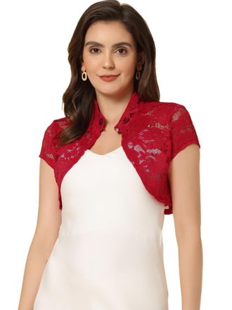 Allegra K Damen Sommer Spitze Bolero Strickjacke Kurzarm Hochzeit Leicht Elegante Festlich J&auml;ckchen f&uuml;r Abendkleid Rot S