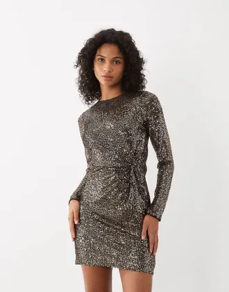 New Look mini-robe &agrave; sequins, nou&eacute;e sur le devant, &agrave; manches longues, dor&eacute;e