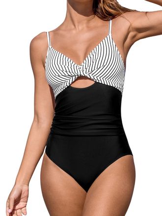 Cupshe Damen Badeanzug V Ausschnitt Twisted Crossover Cutouts Bauchweg Raffungen Streifenmuster Einteilige Bademode Swimsuit Schwarz/Wei&szlig;/Streifen XL