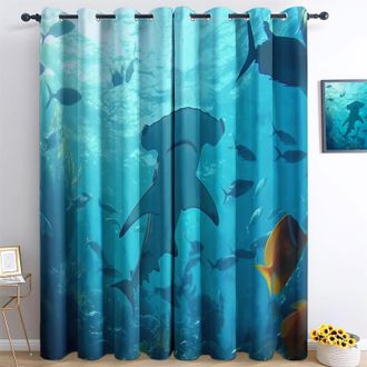 Generic Blickdicht Vorh&auml;nge Blue W&auml;rmeisoliert Verdunkelungsvorhang mit &Ouml;sen Unterwassertiere Haie Gardine Lichtdicht Thermovorhang f&uuml;r Wohnzimmer Schlafzimme