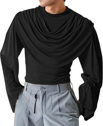 Generic Chemise d&eacute;contract&eacute;e &agrave; manches longues pour homme - Col b&eacute;nitier - L&eacute;ger et respirant - Pour printemps et automne - Hauts confortables, Noir, XXL