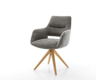 DELIFE Drehstuhl Yago-Flex mit Armlehnen Boucl&eacute; Soft Schlamm Holzgestell kantig Natur 180&deg; drehbar Taschenfederkern, Esszimmerst&uuml;hle
