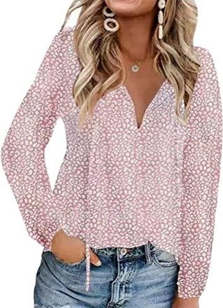 TOMWELL Chemisier Femme Col V Floral Imprimé Blouse Élégant Haut Manches Longues Tunique Ample Fluide Mousseline de Soie Vintage T-Shirt Femme Tops Décontract