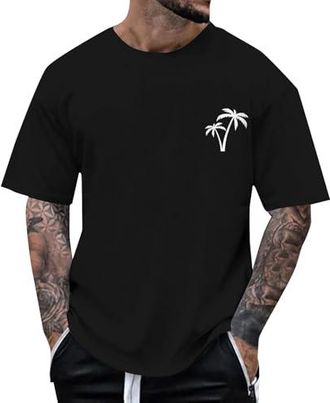 Generic Chemise décontractée à col rond et manches courtes pour homme - Imprimé cocotier - Coupe athlétique - Léger - Pull de sport, Noir, 3XL