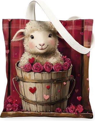 Generic Sac fourre-tout en toile de mouton pour le shopping 33 x 38 cm, sac d&eacute;picerie r&eacute;utilisable pour la Saint-Valentin, sac d&eacute;picerie pour femme, peinture 