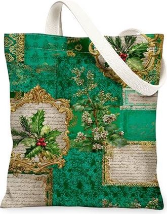 Generic Sacs fourre-tout en toile &agrave; motif floral de vacances, sacs &agrave; provisions r&eacute;utilisables, chics, l&eacute;gers, lavables avec bandouli&egrave;re, vert, 13x15 Inch