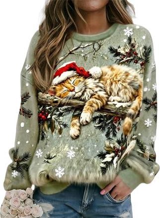 Generic Sweat-shirt de No&euml;l en flanelle avec imprim&eacute; chat pour femme, style d&eacute;contract&eacute;, &eacute;l&eacute;gant, doux et chaud, pull de No&euml;l fantaisie &agrave; col rond, haut de va