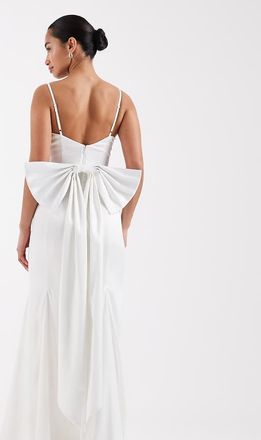 Tfnc Petite Robe de mari&eacute;e longue en satin avec d&eacute;collet&eacute; en coeur, ourlet en mousseline et noeud au dos - Ivoire-Blanc
