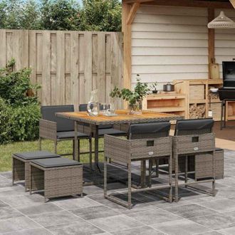 vidaXL 9-tlg. Garten-Essgruppe mit Kissen Grau Poly Rattan - Vidaxl