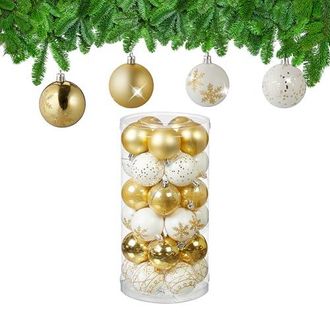 Relaxdays Weihnachtskugeln 30er Set, Kunststoff, D: 6 cm, runde Weihnachtsbaumdeko, Baumschmuck bruchsicher, Gold/wei&szlig;