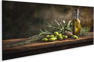 Islandburner Leinwandbild Olivenoel Flasche und Gr&uuml;ne Oliven auf Holztisch - Leinwand 120x40cm - Panorama