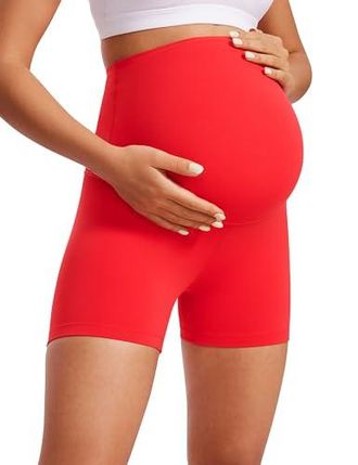 CRZ YOGA Femmes Butterluxe Short de Maternité Yoga Entraînement Athlétique Courir sur Le Ventre - 10cm Rouge Profond 44