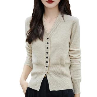 Generic Cardigan dhiver tendance en tricot &agrave; col en V pour femme Couleur unie, beige, Taille XL