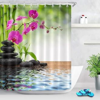 Generic 3D Rideau Douche Anti Moisissure Fleurs Roses et Violettes Rideau de Salle Bain 180x180 Tissu Polyester Imperm&eacute;able Galets de Bambou Verts Rideaux Bai