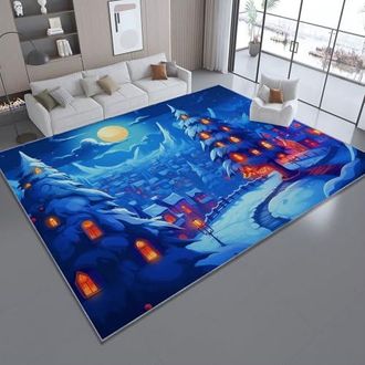 Generic Tapis De Salon Bleu Fonc&eacute; 120 x 180 cm avec Motif Sc&egrave;ne Nocturne dun Sapin De No&euml;l De Dessin Anim&eacute;, Tapis Antid&eacute;Rapant Lavable Poil Ras Moelleux pour 