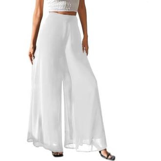 Generic Robe de plage en mousseline de soie pour femme, pantalon palazzo &agrave; jambes larges, fluide, l&eacute;ger, long, tendance, pantalon d&eacute;contract&eacute;, blanc, XXL