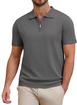 Coofandy Poloshirt Herren Kurzarm Zip Polo Reißverschluss Sommer Polohemd Strick Polo Shirts Golf Shirt Dunkelgrau XXL