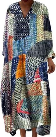 Generic Robe Ete Femme Mi Longue Fluide Coton Chemise Robes Manches Longues Ample Casuel A-Line Imprimé Fleur Robes Col V Ronde Bohème Robe De Soiree Femme Vi